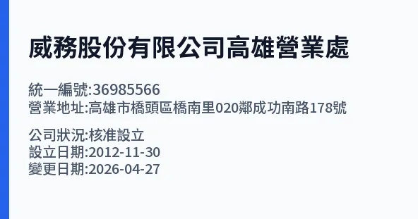 威務股份有限公司高雄營業處的照片-統編 36985566(高雄市) 公司登記資料與營業項目詳細圖表