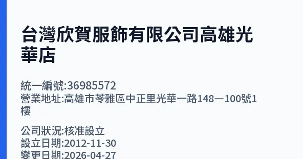 台灣欣賀服飾有限公司高雄光華店的照片-統編 36985572(高雄市) 公司登記資料與營業項目詳細圖表