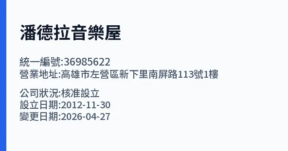 潘德拉音樂屋的照片-統編 36985622(高雄市) 公司登記資料與營業項目詳細圖表