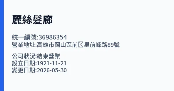 麗絲髮廊的照片-統編 36986354(高雄市) 公司登記資料與營業項目詳細圖表