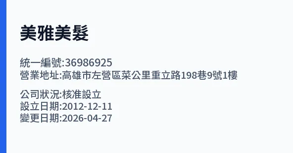 美雅美髮的照片-統編 36986925(高雄市) 公司登記資料與營業項目詳細圖表