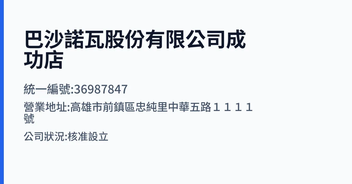巴沙諾瓦股份有限公司成功店 - 統編 36987847(高雄市) 公司登記資料與營業項目詳細圖表