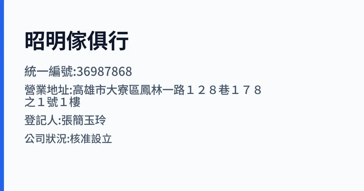 昭明傢俱行 - 統編 36987868(高雄市) 公司登記資料與營業項目詳細圖表