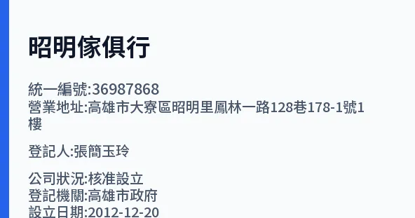 昭明傢俱行的照片-統編 36987868(高雄市) 公司登記資料與營業項目詳細圖表