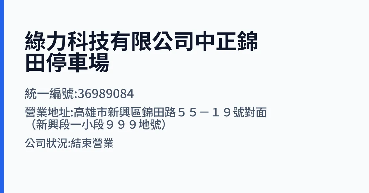 綠力科技有限公司中正錦田停車場 - 統編 36989084(高雄市) 公司登記資料與營業項目詳細圖表