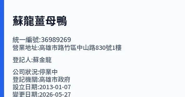 蘇龍薑母鴨的照片-統編 36989269(高雄市) 公司登記資料與營業項目詳細圖表