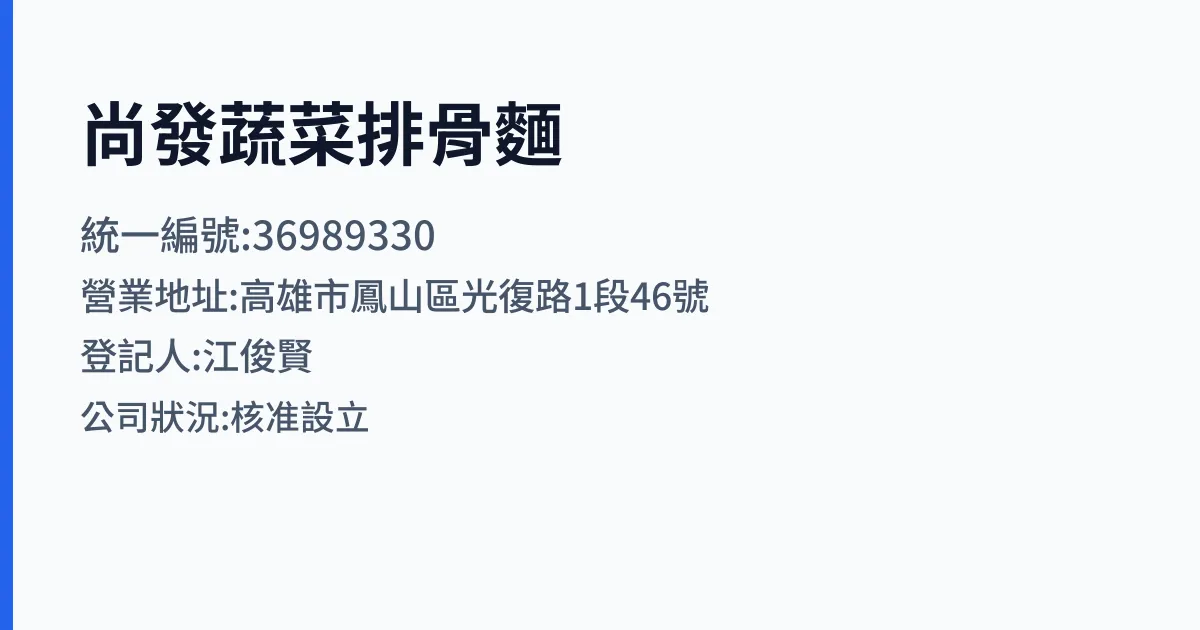 尚發蔬菜排骨麵 - 統編 36989330(高雄市) 公司登記資料與營業項目詳細圖表