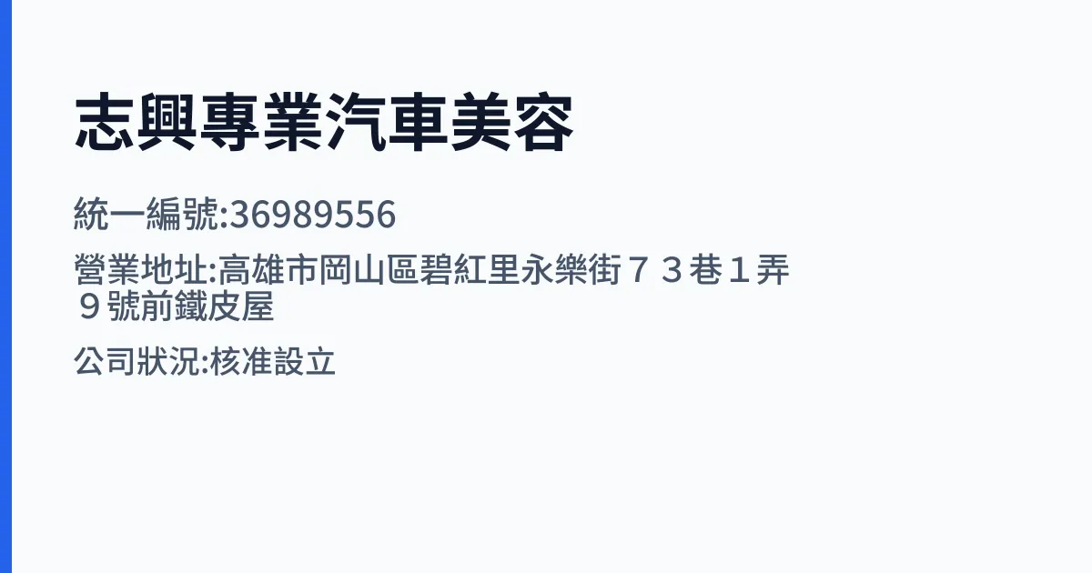 志興專業汽車美容 - 統編 36989556(高雄市) 公司登記資料與營業項目詳細圖表