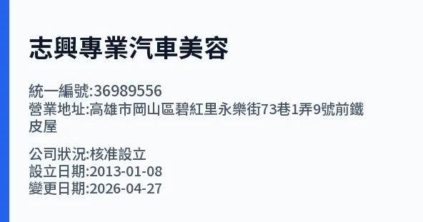 志興專業汽車美容的照片-統編 36989556(高雄市) 公司登記資料與營業項目詳細圖表