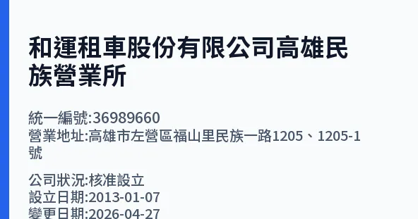 和運租車股份有限公司高雄民族營業所的照片-統編 36989660(高雄市) 公司登記資料與營業項目詳細圖表