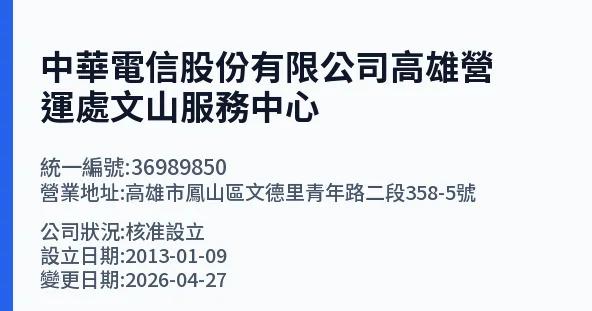 中華電信股份有限公司高雄營運處文山服務中心的照片-統編 36989850(高雄市) 公司登記資料與營業項目詳細圖表
