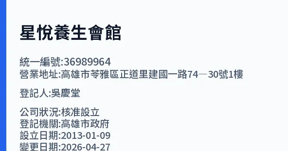 星悅養生會館的照片-統編 36989964(高雄市) 公司登記資料與營業項目詳細圖表