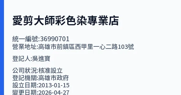愛剪大師彩色染專業店的照片-統編 36990701(高雄市) 公司登記資料與營業項目詳細圖表