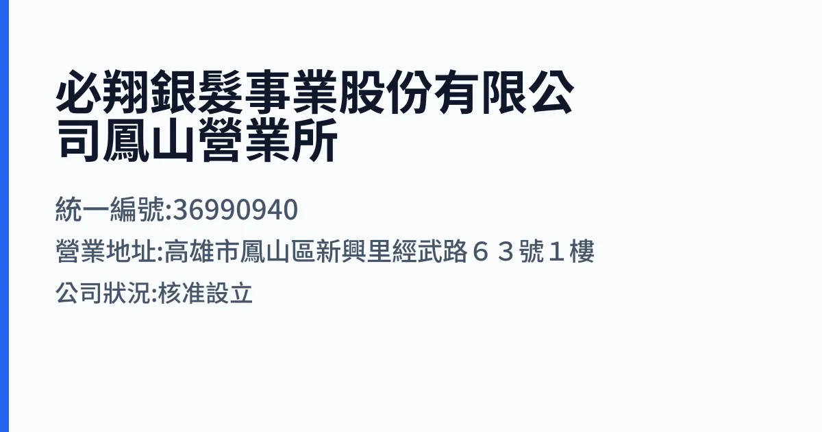 必翔銀髮事業股份有限公司鳳山營業所 - 統編 36990940（高雄市） 公司登記資料與營業項目詳細圖表