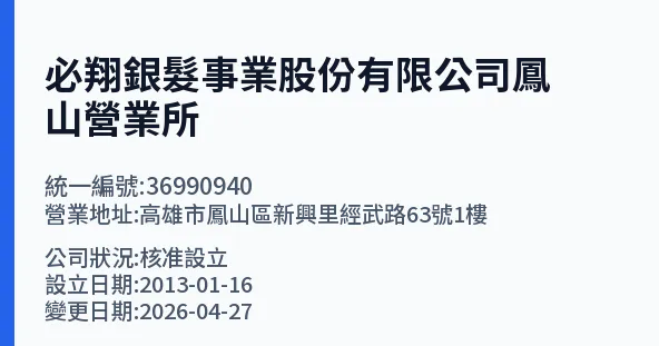 必翔銀髮事業股份有限公司鳳山營業所的照片-統編 36990940(高雄市) 公司登記資料與營業項目詳細圖表