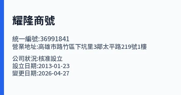 耀隆商號的照片-統編 36991841(高雄市) 公司登記資料與營業項目詳細圖表