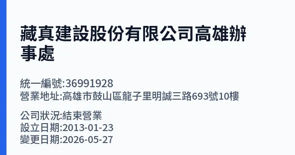 藏真建設股份有限公司高雄辦事處的照片-統編 36991928(高雄市) 公司登記資料與營業項目詳細圖表