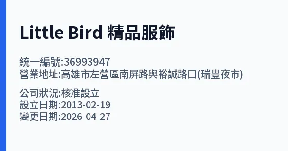 Little Bird 精品服飾的照片-統編 36993947(高雄市) 公司登記資料與營業項目詳細圖表