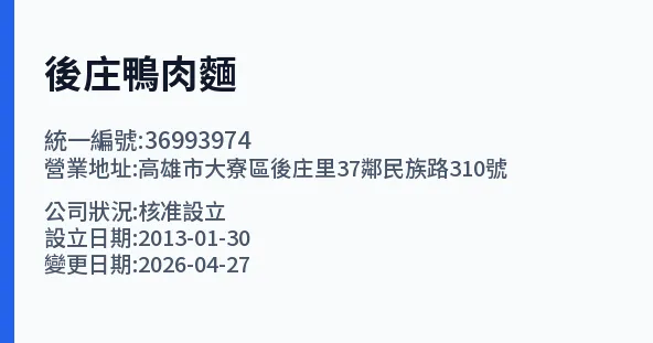 後庄鴨肉麵的照片-統編 36993974(高雄市) 公司登記資料與營業項目詳細圖表