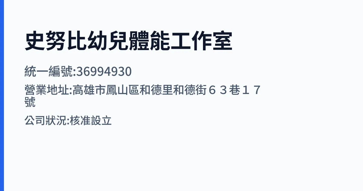 史努比幼兒體能工作室 - 統編 36994930(高雄市) 公司登記資料與營業項目詳細圖表