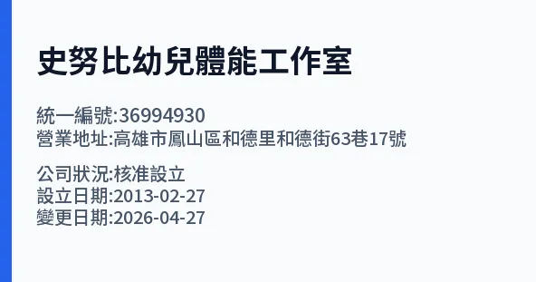 史努比幼兒體能工作室的照片-統編 36994930(高雄市) 公司登記資料與營業項目詳細圖表
