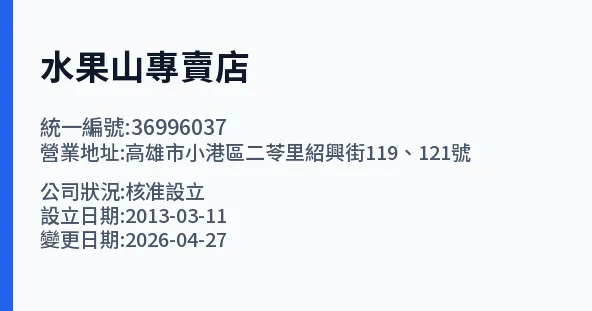 水果山專賣店的照片-統編 36996037(高雄市) 公司登記資料與營業項目詳細圖表