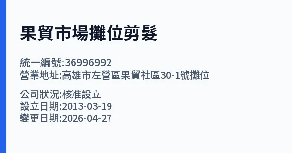 果貿市場攤位剪髮的照片-統編 36996992(高雄市) 公司登記資料與營業項目詳細圖表