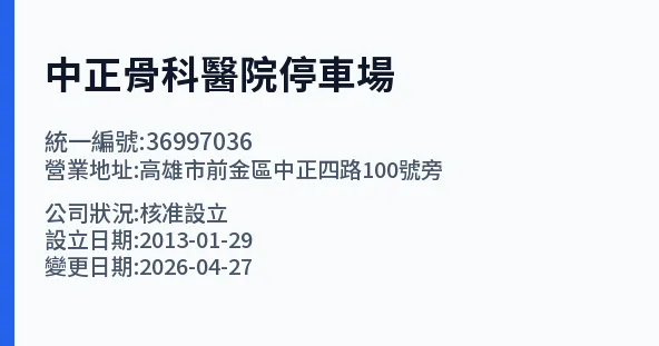中正骨科醫院停車場的照片-統編 36997036(高雄市) 公司登記資料與營業項目詳細圖表