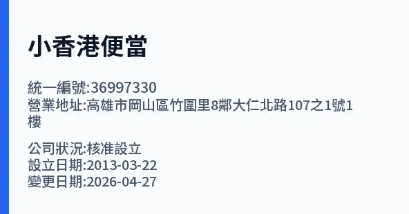 小香港便當的照片-統編 36997330(高雄市) 公司登記資料與營業項目詳細圖表