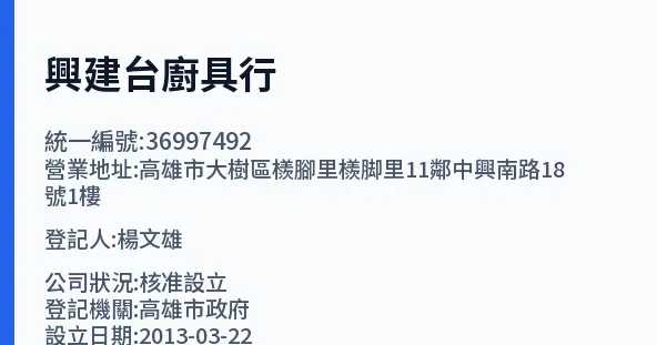 興建台廚具行的照片-統編 36997492(高雄市) 公司登記資料與營業項目詳細圖表