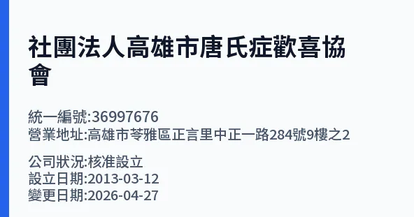 社團法人高雄市唐氏症歡喜協會的照片-統編 36997676(高雄市) 公司登記資料與營業項目詳細圖表