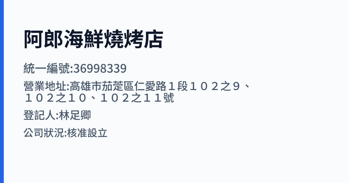 阿郎海鮮燒烤店 - 統編 36998339(高雄市) 公司登記資料與營業項目詳細圖表