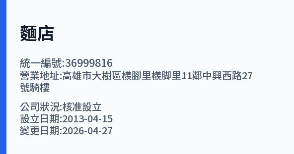 麵店的照片-統編 36999816(高雄市) 公司登記資料與營業項目詳細圖表