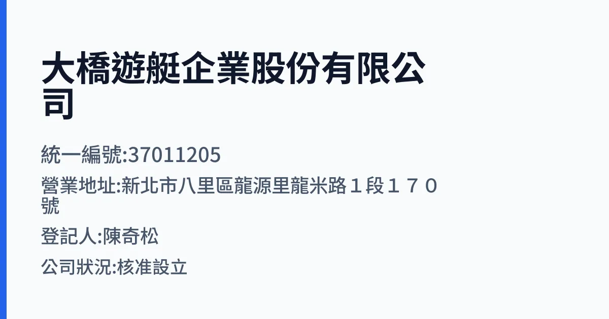 大橋遊艇企業股份有限公司 - 統編 37011205(新北市) 公司登記資料與營業項目詳細圖表