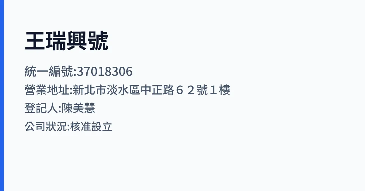 王瑞興號 - 統編 37018306(新北市) 公司登記資料與營業項目詳細圖表