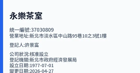 永樂茶室的照片-統編 37030809(新北市) 公司登記資料與營業項目詳細圖表