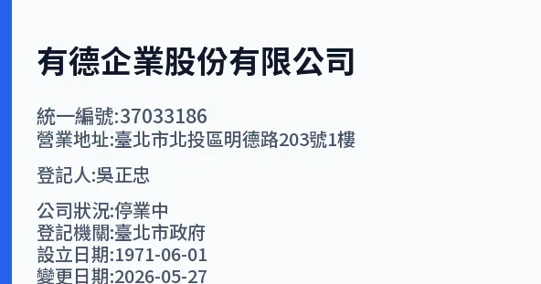 有德企業股份有限公司的照片-統編 37033186(臺北市) 公司登記資料與營業項目詳細圖表