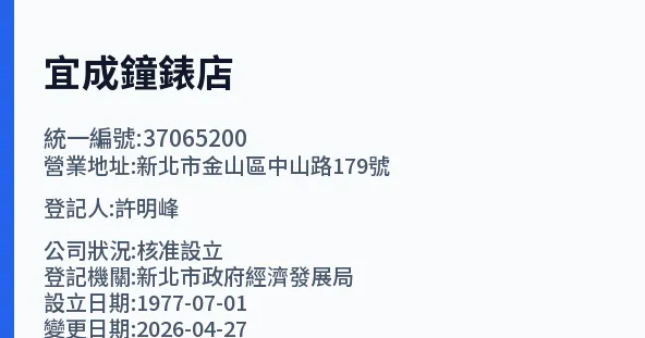 宜成鐘錶店的照片-統編 37065200(新北市) 公司登記資料與營業項目詳細圖表