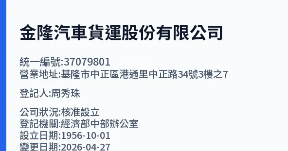 金隆汽車貨運股份有限公司的照片-統編 37079801(基隆市) 公司登記資料與營業項目詳細圖表
