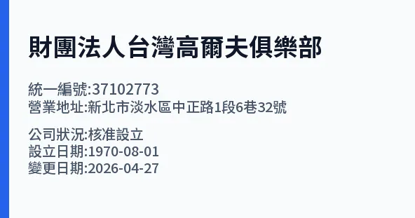 財團法人台灣高爾夫俱樂部的照片-統編 37102773(新北市) 公司登記資料與營業項目詳細圖表