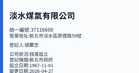淡水煤氣有限公司的照片-統編 37116600(新北市) 公司登記資料與營業項目詳細圖表