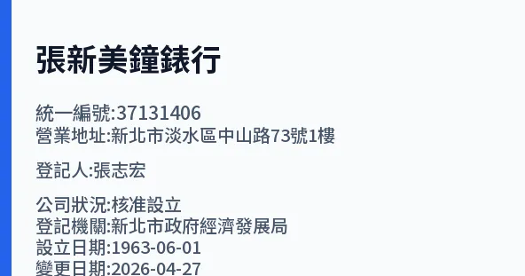 張新美鐘錶行的照片-統編 37131406(新北市) 公司登記資料與營業項目詳細圖表