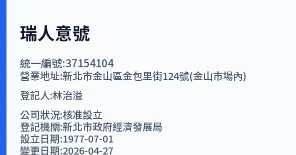 瑞人意號的照片-統編 37154104(新北市) 公司登記資料與營業項目詳細圖表