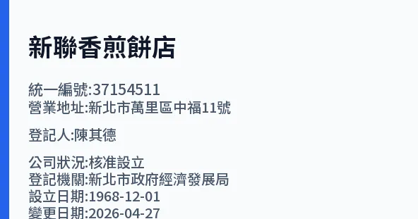 新聯香煎餅店的照片-統編 37154511(新北市) 公司登記資料與營業項目詳細圖表