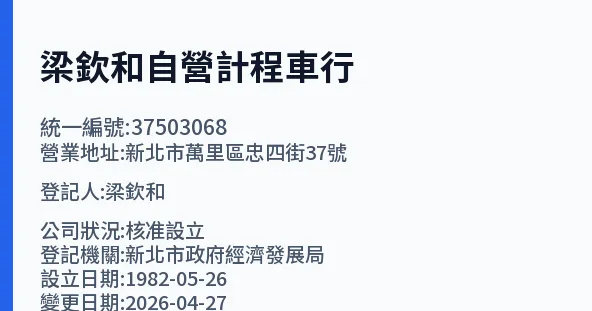 梁欽和自營計程車行的照片-統編 37503068(新北市) 公司登記資料與營業項目詳細圖表