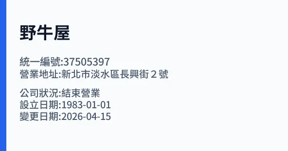 野牛屋的照片-統編 37505397(新北市) 公司登記資料與營業項目詳細圖表