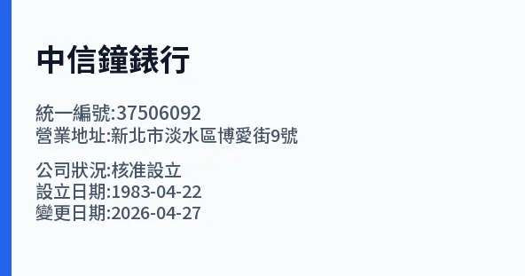 中信鐘錶行的照片-統編 37506092(新北市) 公司登記資料與營業項目詳細圖表