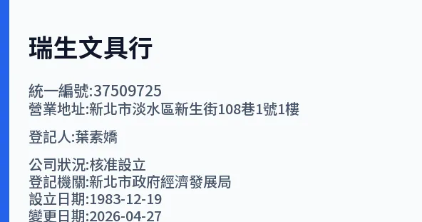 瑞生文具行的照片-統編 37509725(新北市) 公司登記資料與營業項目詳細圖表