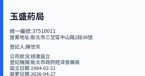 玉盛葯局的照片-統編 37510011(新北市) 公司登記資料與營業項目詳細圖表