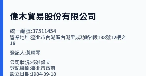 偉木貿易股份有限公司的照片-統編 37511454(臺北市) 公司登記資料與營業項目詳細圖表
